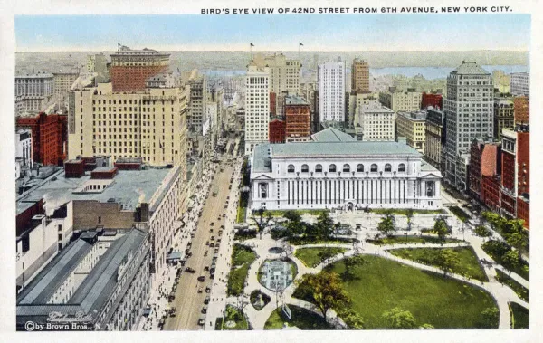 Aerial view New York Public Library and Bryant Park