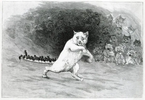 The Cats Nightmare, comical cat with mice on his tail