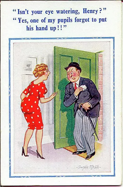 Comic postcard, Man comes home with watering eye Date
