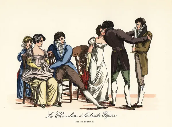 Gentlemen and ladies playing a kissing game, 1800s