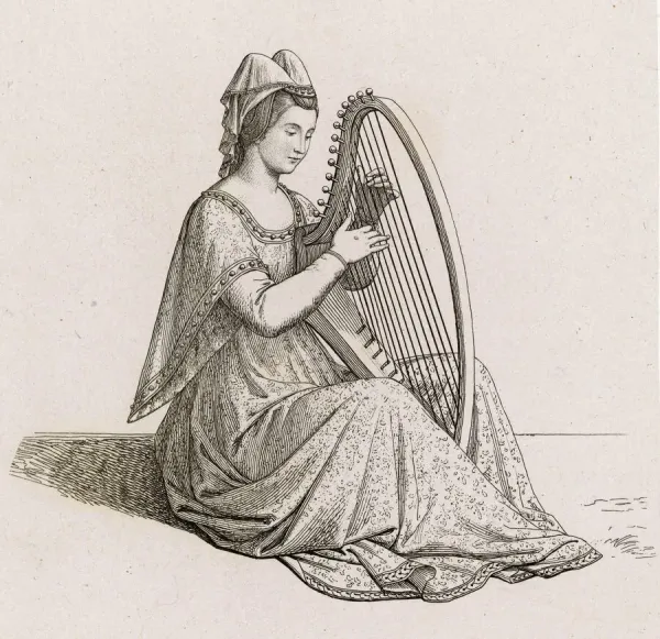 HARPIST. A medieval lady plays a small harp Our beautiful Wall Art and ...