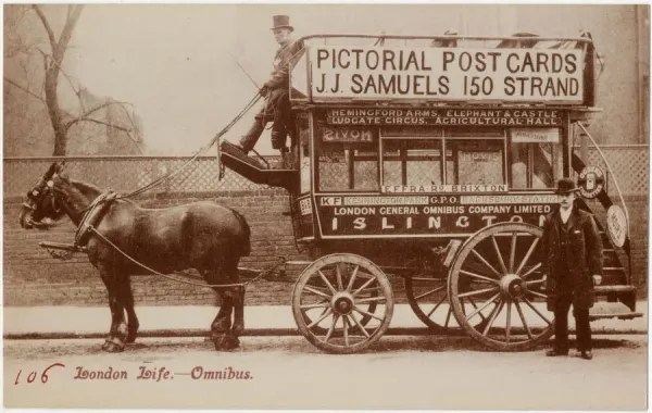 Horse-bus with Pictorial Post Cards advert 1900s Our beautiful Wall Art ...
