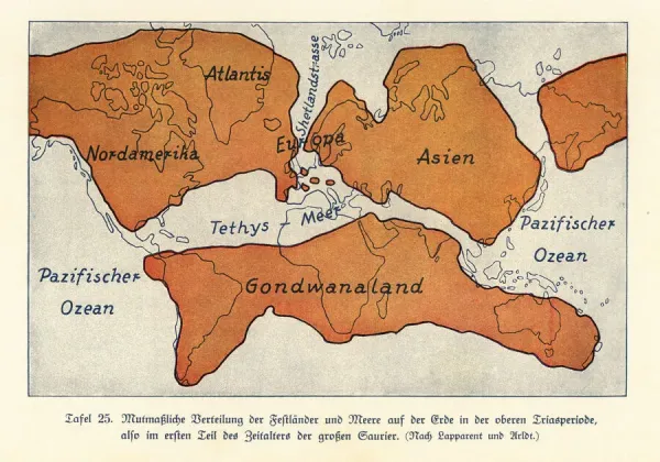 Map of the continents and seas in the Upper Triassic period
