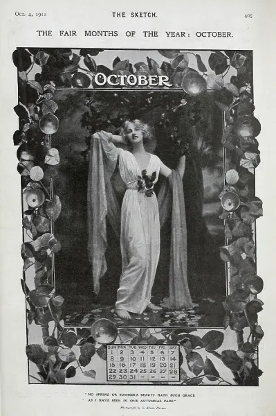 October calendar page, woman in classical costume Our beautiful Wall ...