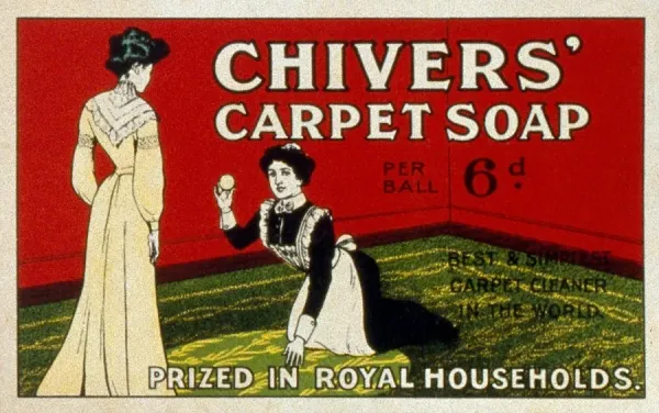 Poster advertising Chivers Carpet Soap sixpence per ball