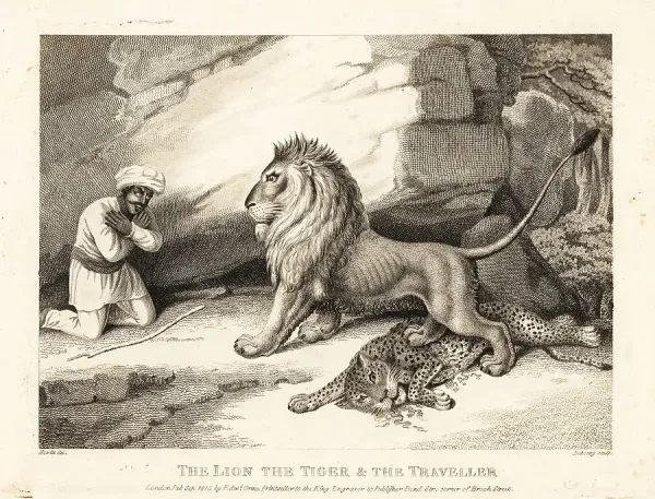 A traveller in turban begs for his life from a lion