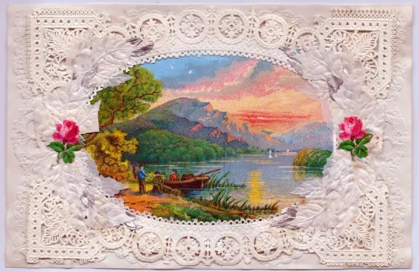 Waterside summer scene on a paper lace greetings card