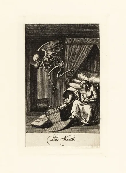 The winged skeleton of Death flies off with a baby