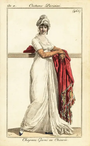 Woman in formal gown and hat decorated with chicory